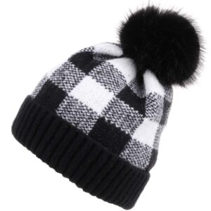 cruoxibb women knit slouchy beanie hat with faux fur pompom buffalo plaid cuff winter soft warm ski cap