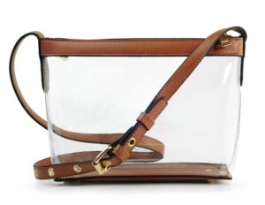 clear zipper cross body bag with vegan leather trim (brown) small