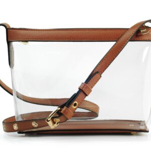 Clear Zipper Cross Body Bag with Vegan Leather Trim (Brown) Small