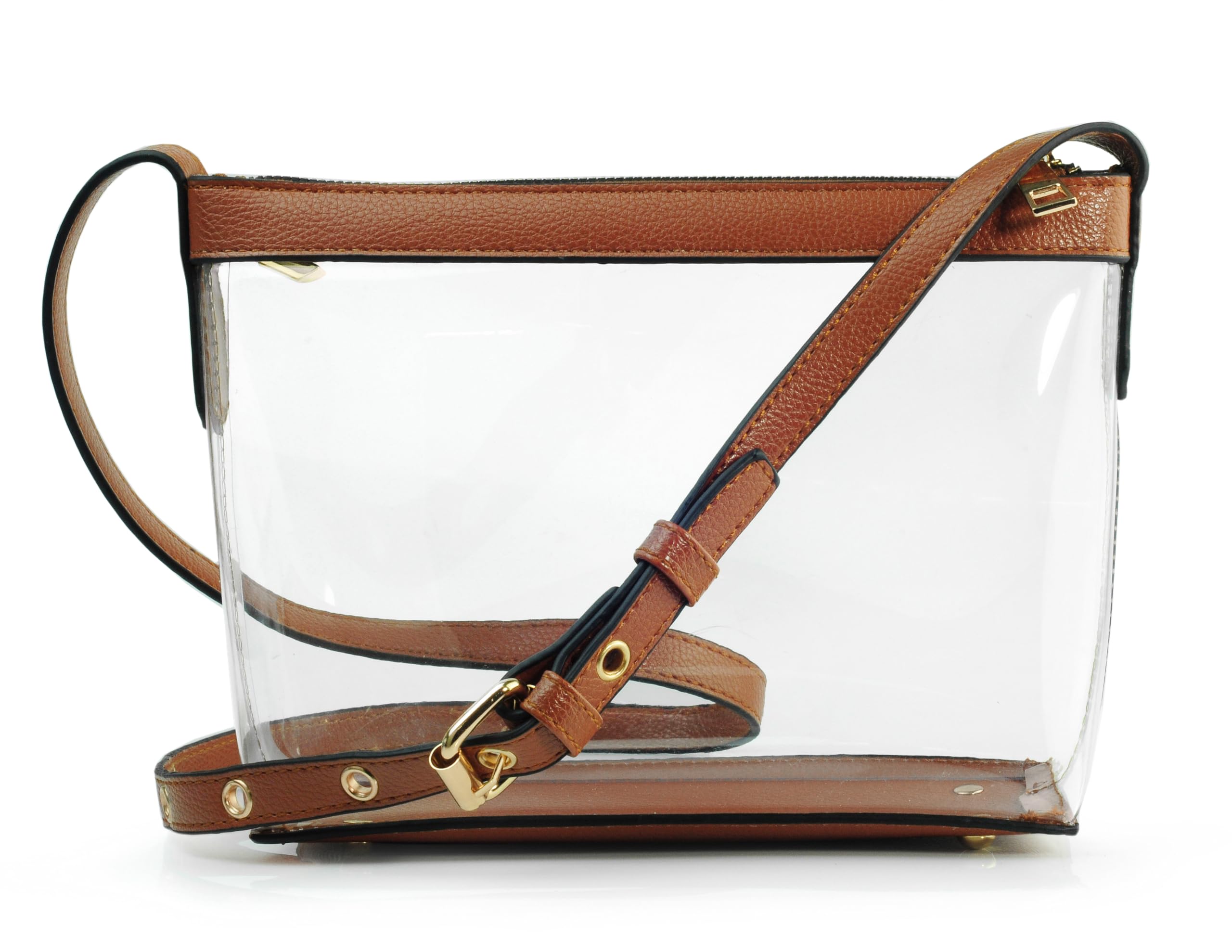 Clear Zipper Cross Body Bag with Vegan Leather Trim (Brown) Small