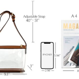 Clear Zipper Cross Body Bag with Vegan Leather Trim (Brown) Small