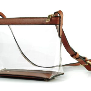 Clear Zipper Cross Body Bag with Vegan Leather Trim (Brown) Small