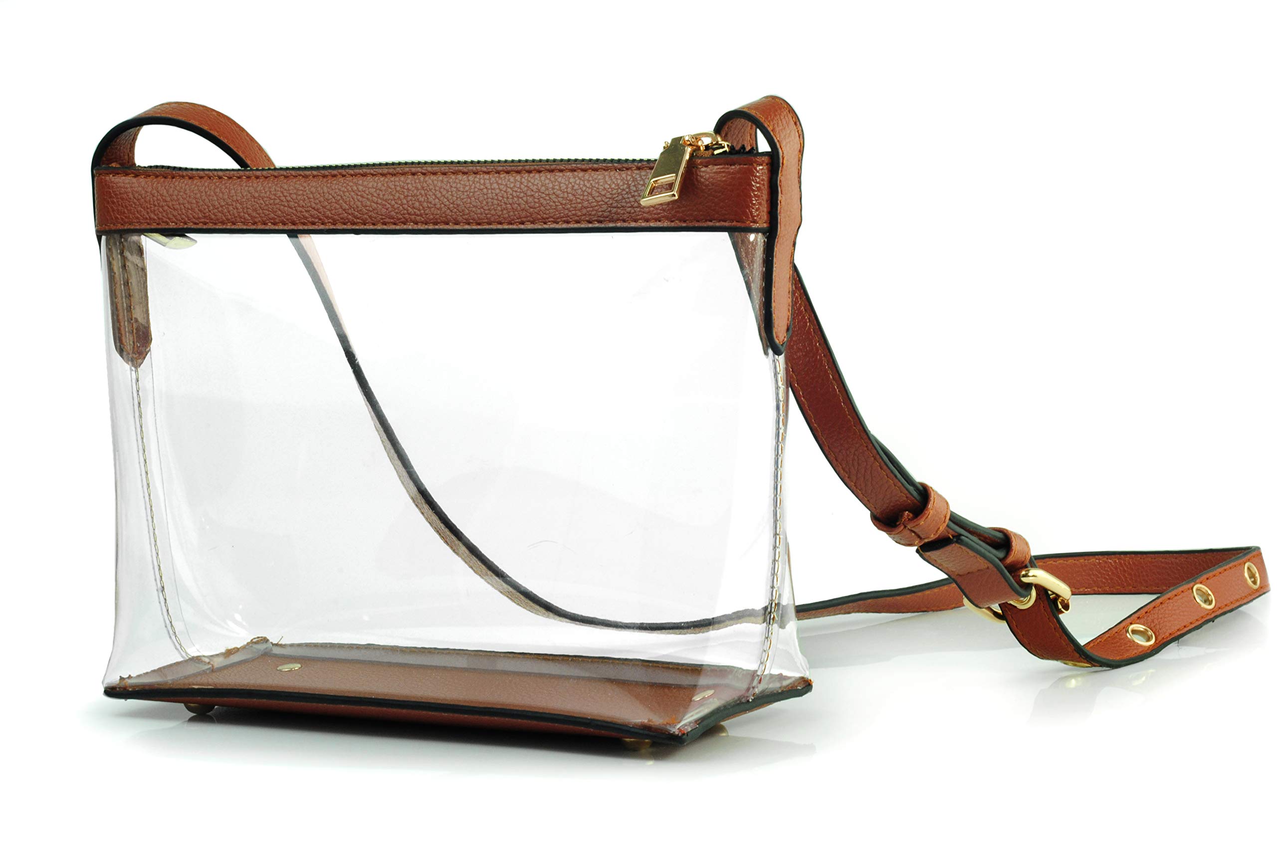 Clear Zipper Cross Body Bag with Vegan Leather Trim (Brown) Small