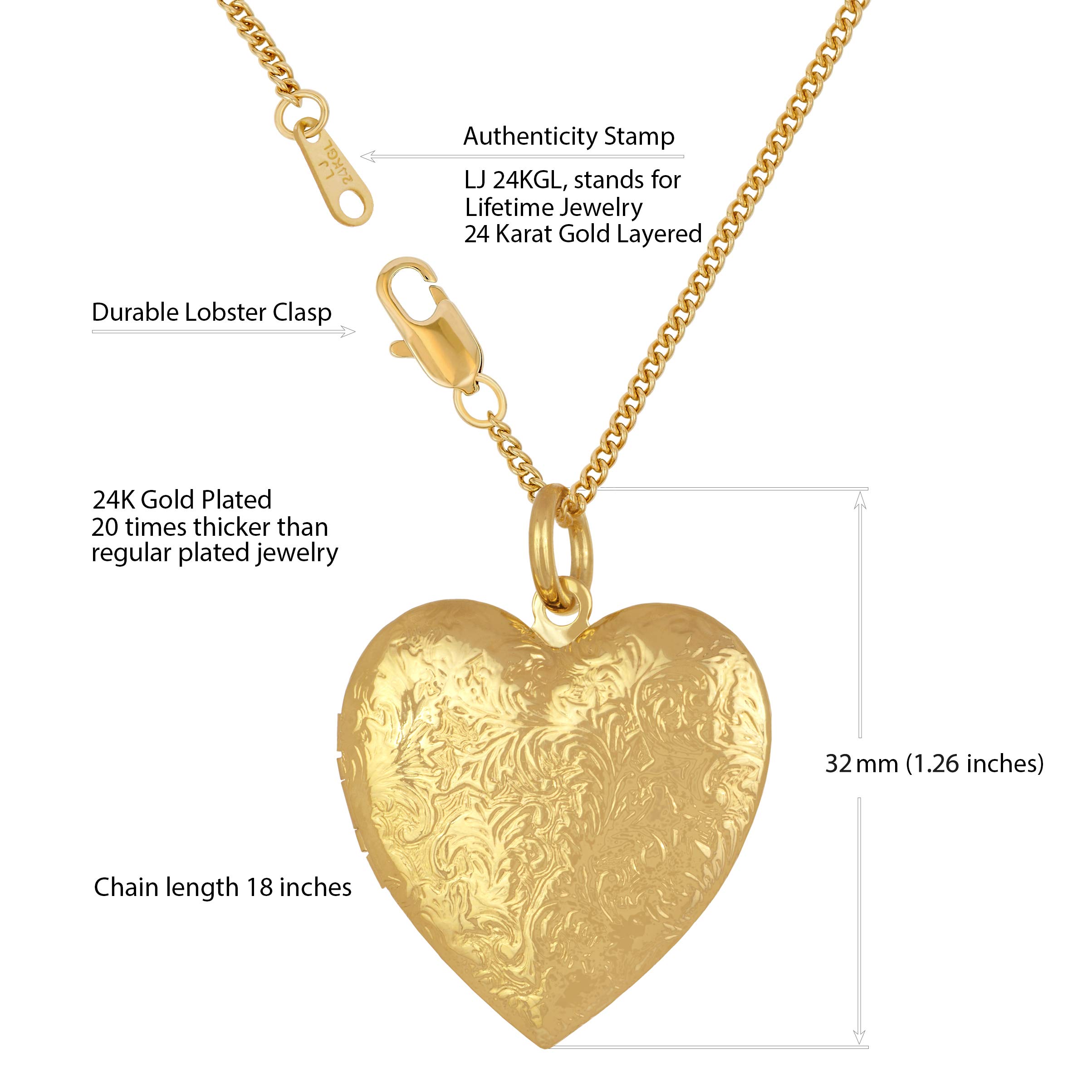 LIFETIME JEWELRY Antique Heart Locket Necklace That Holds Pictures 24k Gold Plated (Big Gold Locket with Chain)