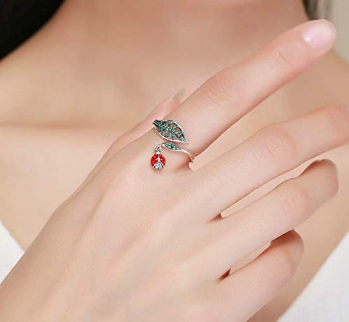 Helen de Lete Ladybug on Tree Leaf S925 Sterling Silver Adjustable Ring