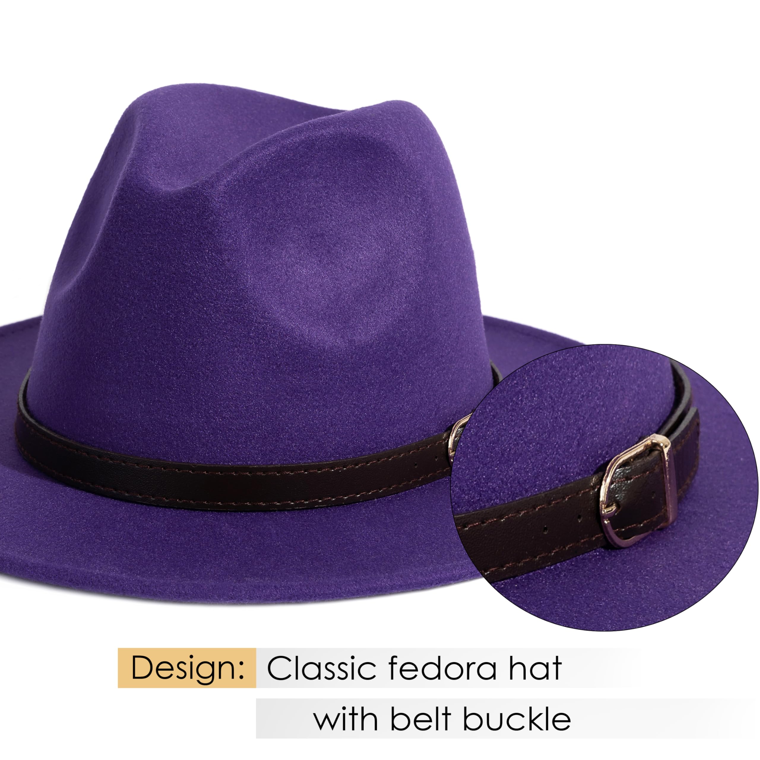 Gossifan Men & Women Panama Hat Classic Wide Brim Fedora Hat with Belt Buckle-Purple