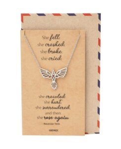 quan jewelry phoenix pendant women necklace, bird charm with motivational quote card,gift for mom, sister - handmade (silver tone)