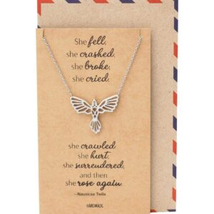 quan jewelry Phoenix Pendant Women Necklace, Bird Charm with Motivational Quote Card,Gift for Mom, Sister - Handmade (Silver Tone)