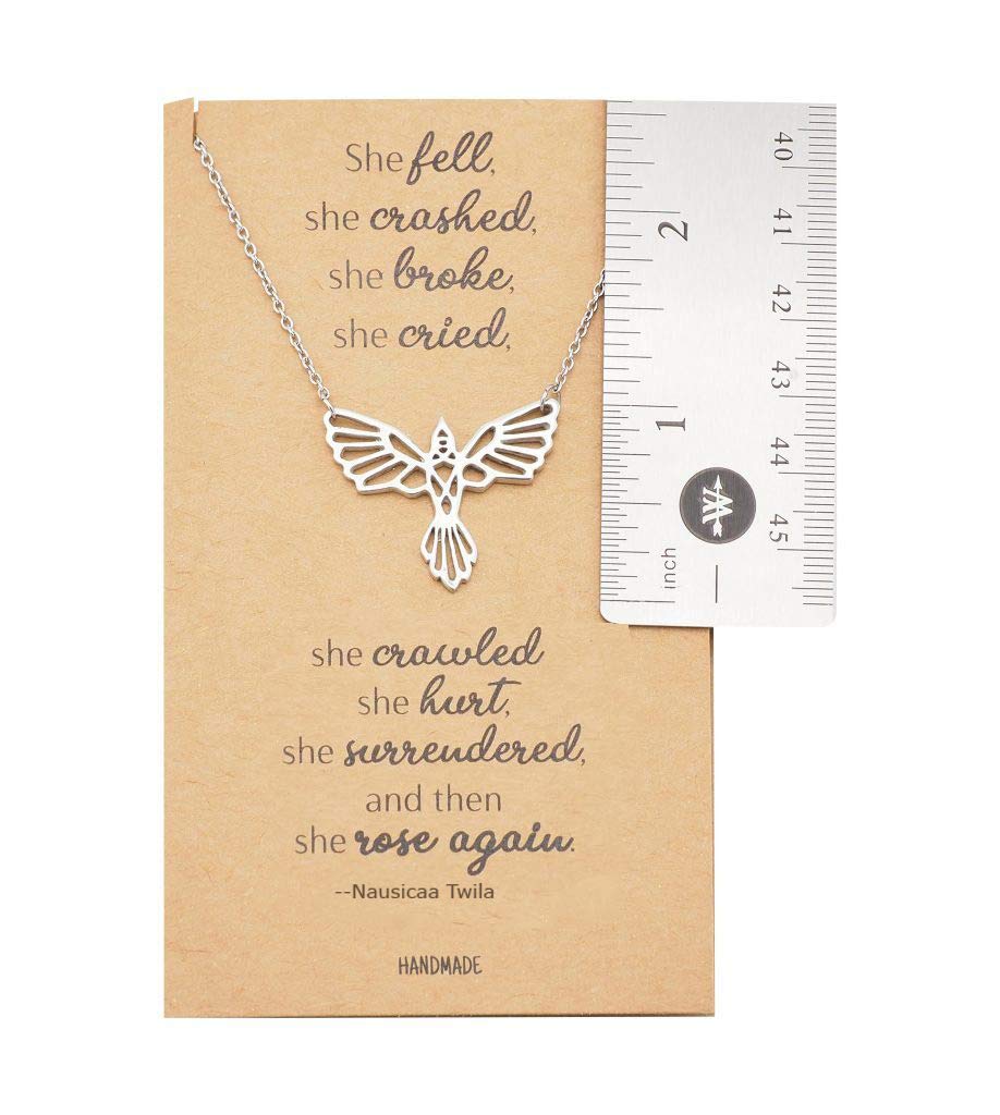 quan jewelry Phoenix Pendant Women Necklace, Bird Charm with Motivational Quote Card,Gift for Mom, Sister - Handmade (Silver Tone)