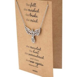 quan jewelry Phoenix Pendant Women Necklace, Bird Charm with Motivational Quote Card,Gift for Mom, Sister - Handmade (Silver Tone)