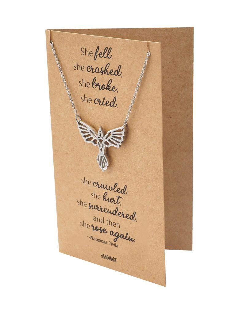 quan jewelry Phoenix Pendant Women Necklace, Bird Charm with Motivational Quote Card,Gift for Mom, Sister - Handmade (Silver Tone)