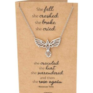 quan jewelry Phoenix Pendant Women Necklace, Bird Charm with Motivational Quote Card,Gift for Mom, Sister - Handmade (Silver Tone)