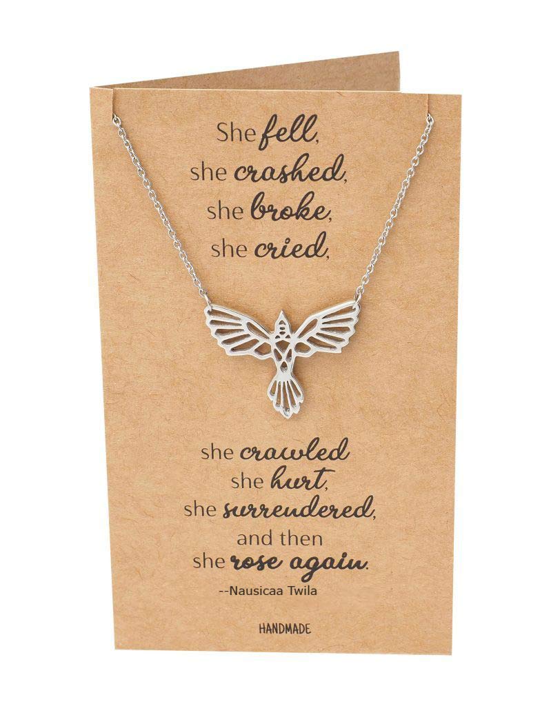 quan jewelry Phoenix Pendant Women Necklace, Bird Charm with Motivational Quote Card,Gift for Mom, Sister - Handmade (Silver Tone)