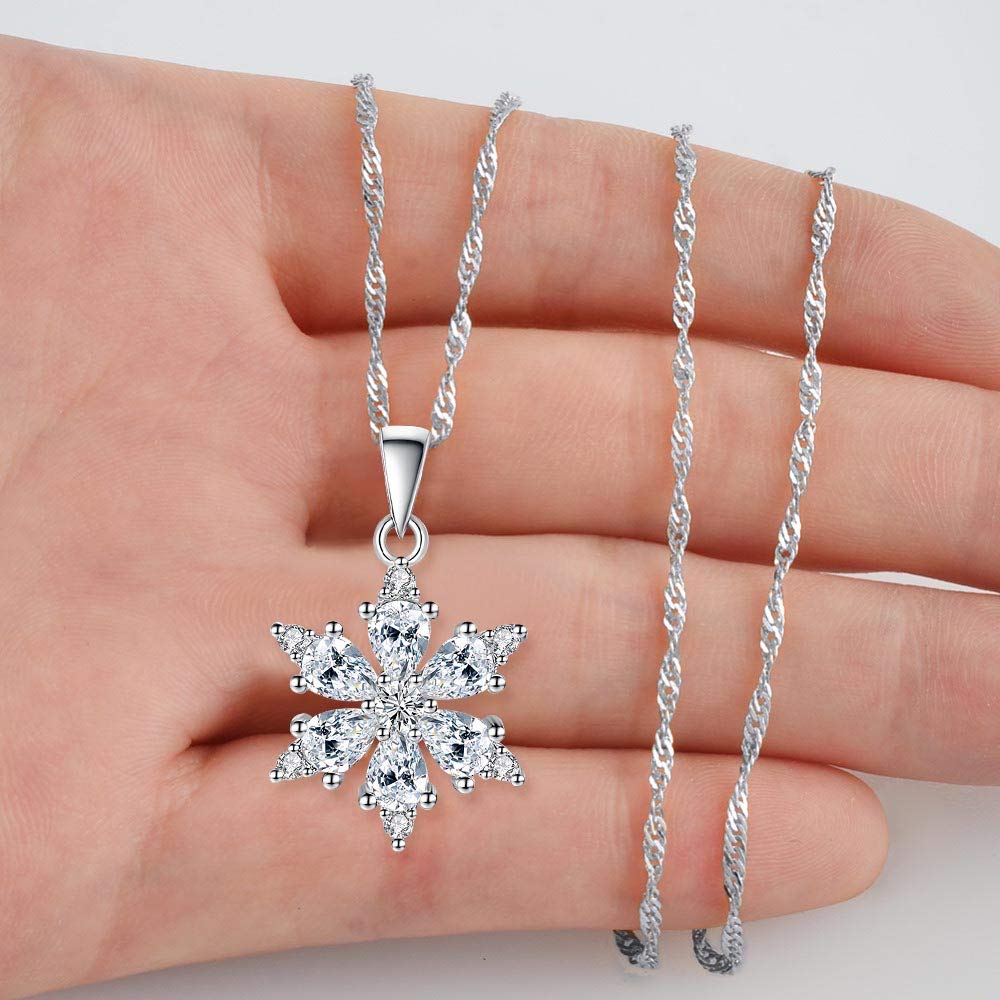 OKA Lucky Snowflake Necklace Long Pendant Necklace with White Cubic Zirconia Silver Jewelry Christmas New Year Holiday Gifts for Women Girls