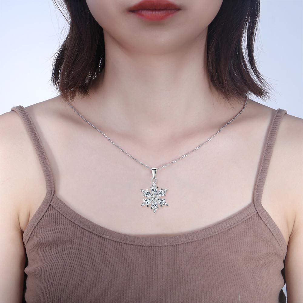 OKA Lucky Snowflake Necklace Long Pendant Necklace with White Cubic Zirconia Silver Jewelry Christmas New Year Holiday Gifts for Women Girls