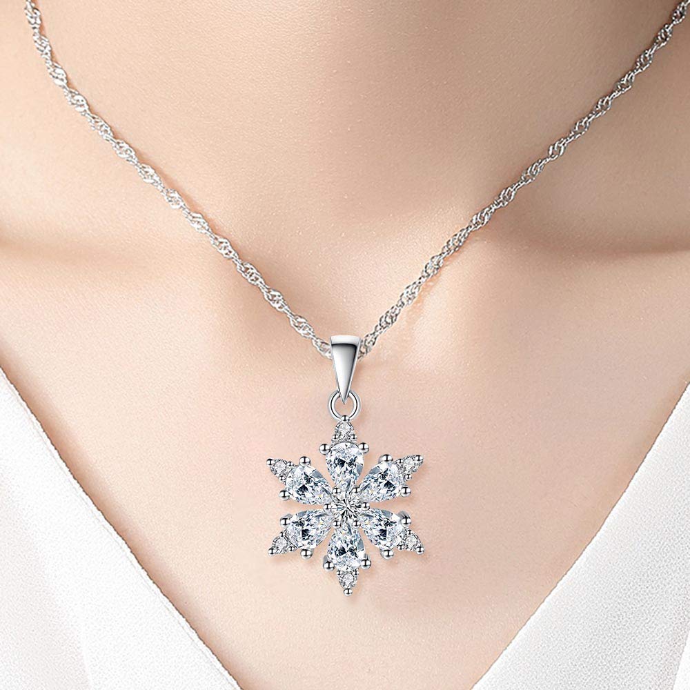 OKA Lucky Snowflake Necklace Long Pendant Necklace with White Cubic Zirconia Silver Jewelry Christmas New Year Holiday Gifts for Women Girls