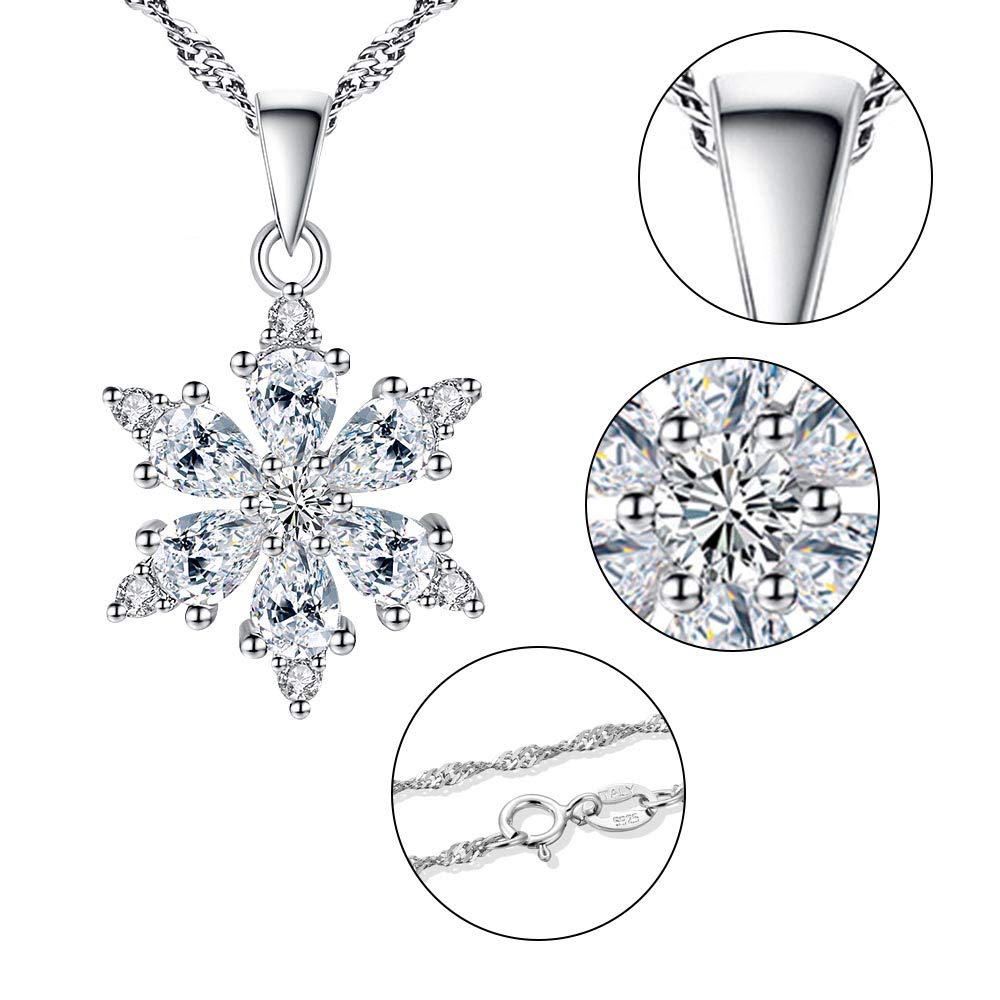 OKA Lucky Snowflake Necklace Long Pendant Necklace with White Cubic Zirconia Silver Jewelry Christmas New Year Holiday Gifts for Women Girls