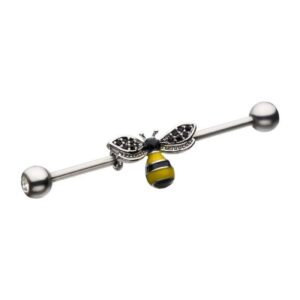 pierced owl honey bee with black cz crystal wings stainless steel industrial barbell