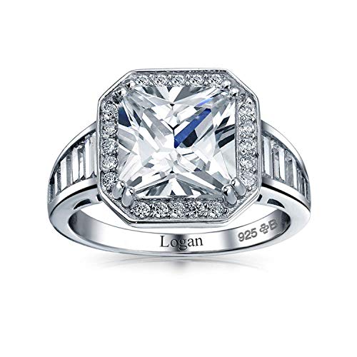 Personalize Art Deco Style 5CT AAA CZ Side Baguette Stones Halo Square Promise Solitaire Princess Cut Engagement Ring For Women .925 Sterling Silver Custom Engraved