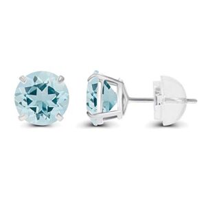 Sterling Silver 4mm Round Natural Aquamarine March Birthstone Prong Set Stud Earrings For Women