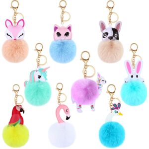 willbond 9 pieces animal pom pom keychain cute faux fur key ring for women girls bag accessories