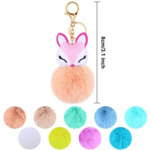 WILLBOND 9 Pieces Animal Pom Pom Keychain Cute Faux Fur Key Ring for Women Girls Bag Accessories