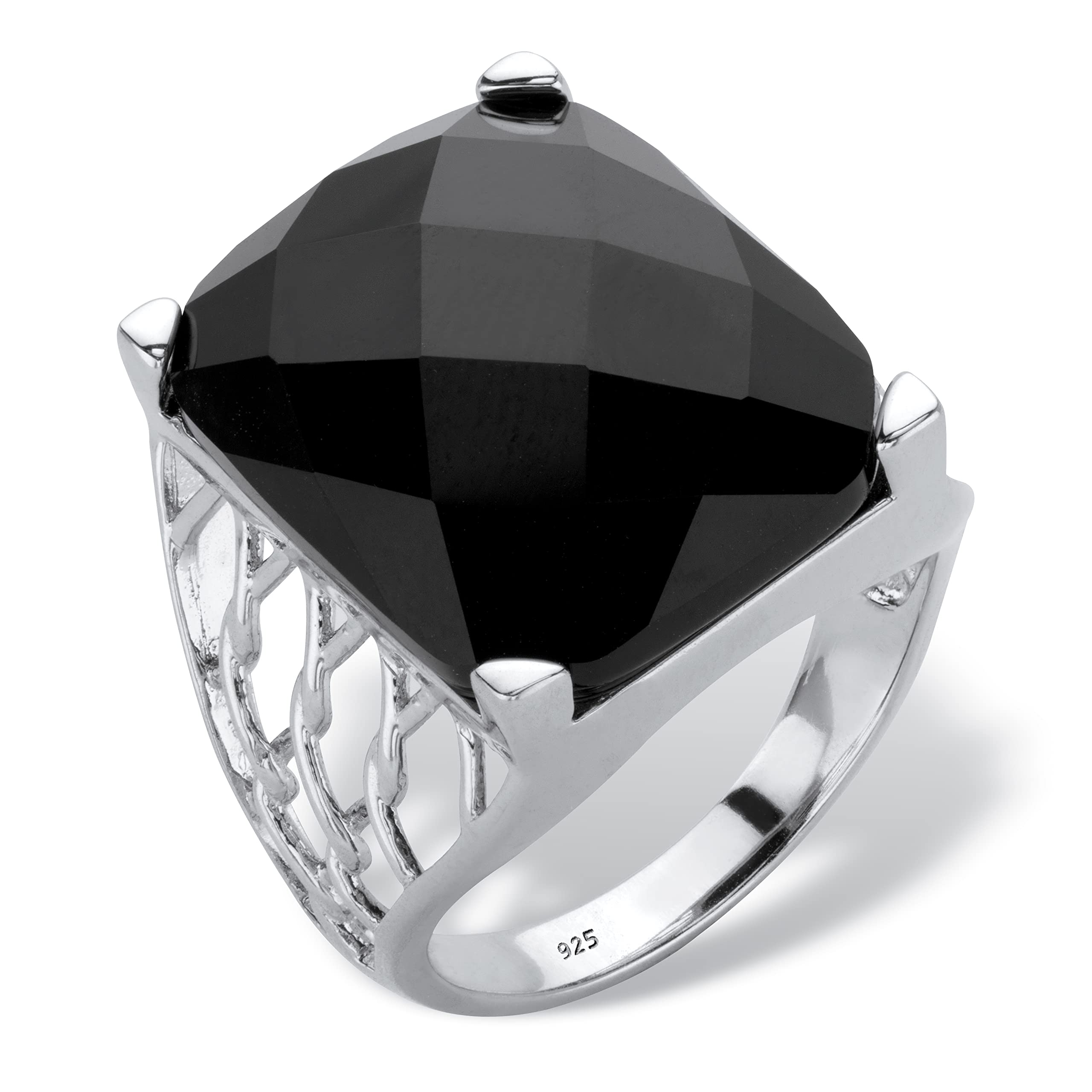 PalmBeach Sterling Silver Emerald Cut Natural Black Onyx Checkerboard Cut Ring Sizes 6-10 Size 8