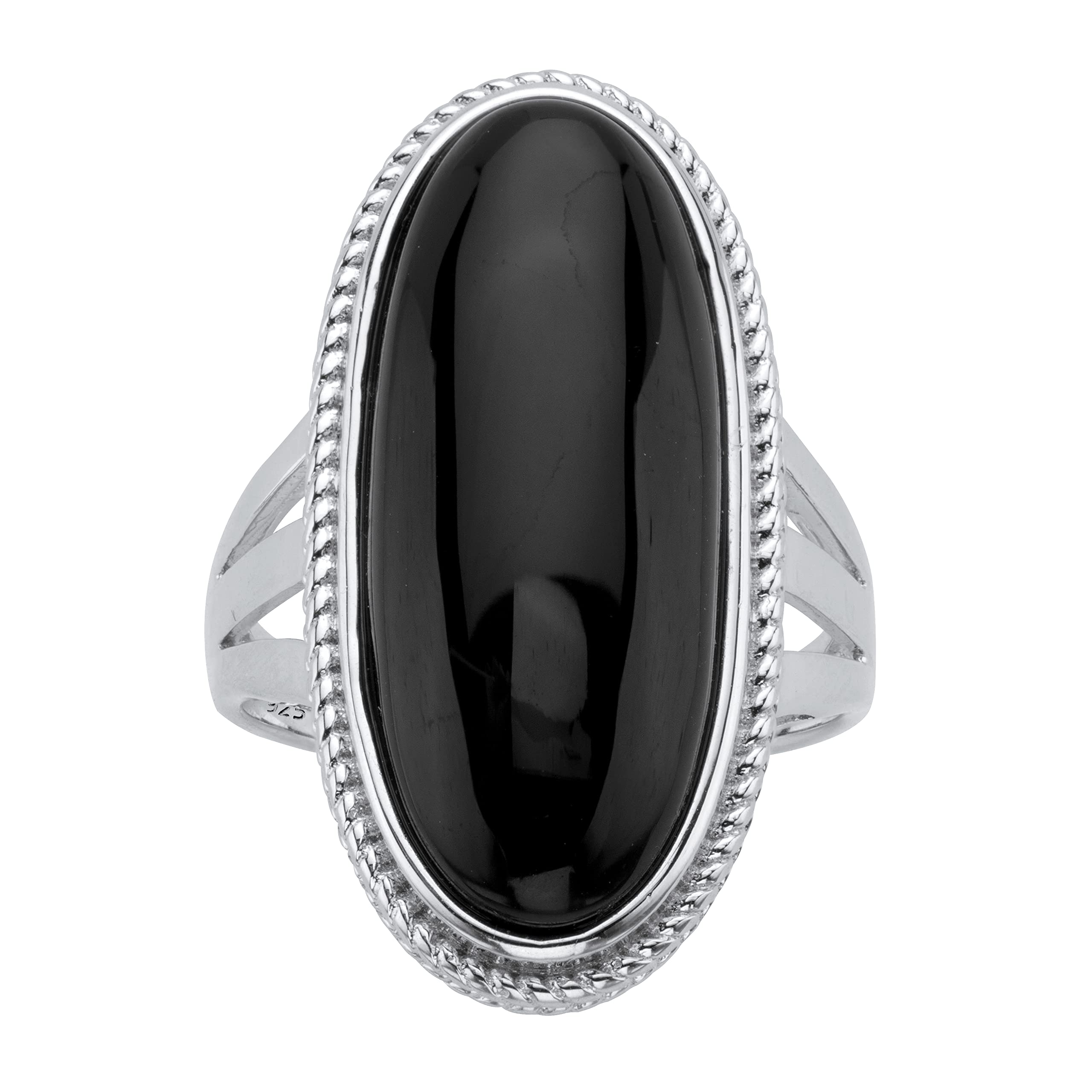 PalmBeach Sterling Silver Oval Shaped Natural Black Onyx Spllit Shank Ring Sizes 6-12 Size 10