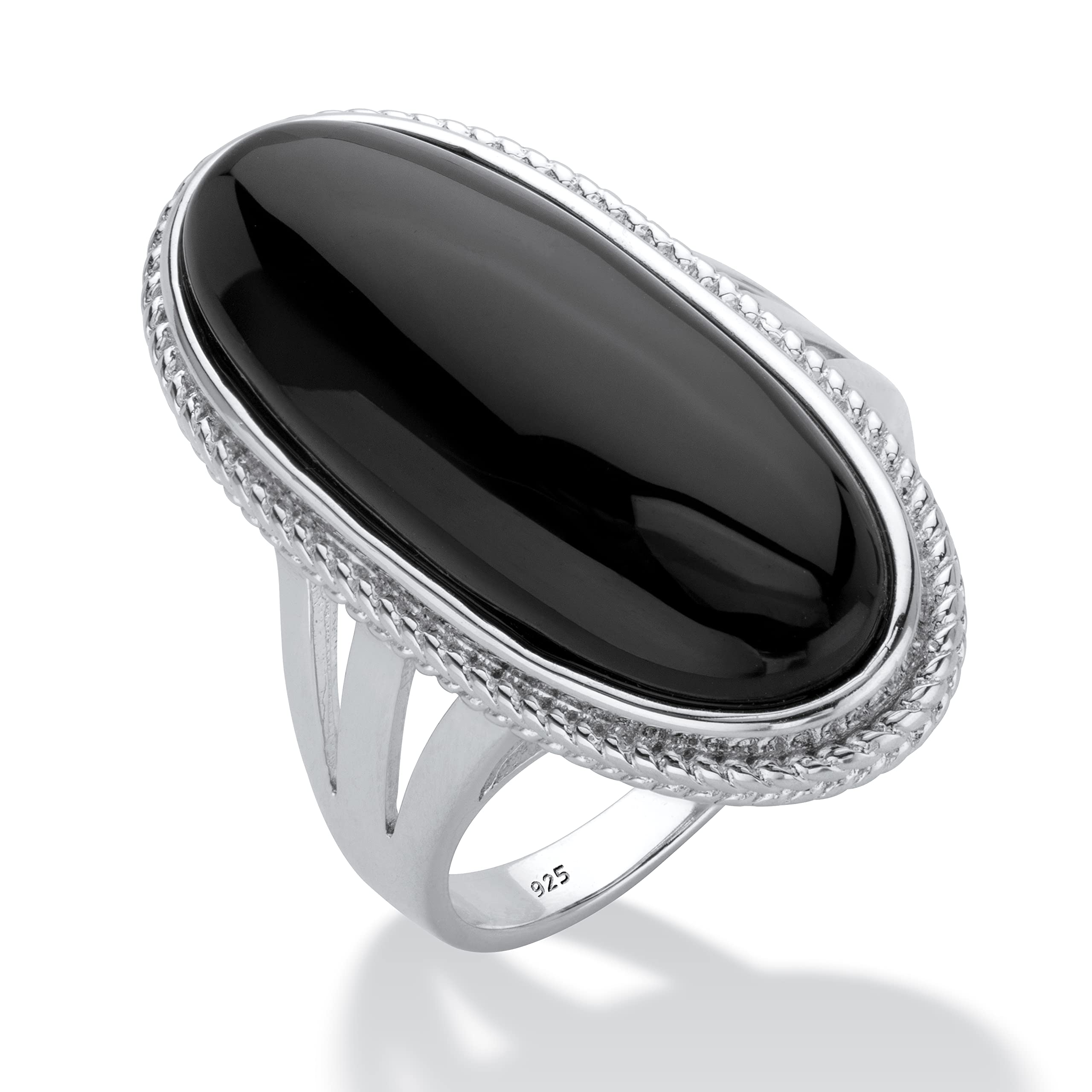 PalmBeach Sterling Silver Oval Shaped Natural Black Onyx Spllit Shank Ring Sizes 6-12 Size 10