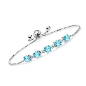 gem stone king 925 sterling silver swiss blue topaz and white topaz tennis bracelet for women (3.59 cttw, gemstone birthstone, round cut 5mm, fully adjustable up to 9 inch)