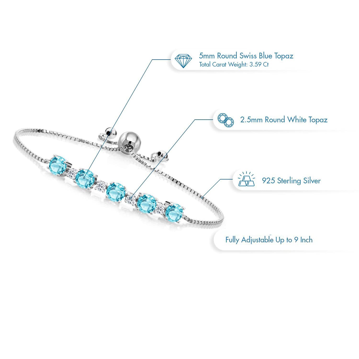 Gem Stone King 925 Sterling Silver Swiss Blue Topaz and White Topaz Tennis Bracelet For Women (3.59 Cttw, Gemstone Birthstone, Round Cut 5MM, Fully Adjustable Up to 9 Inch)