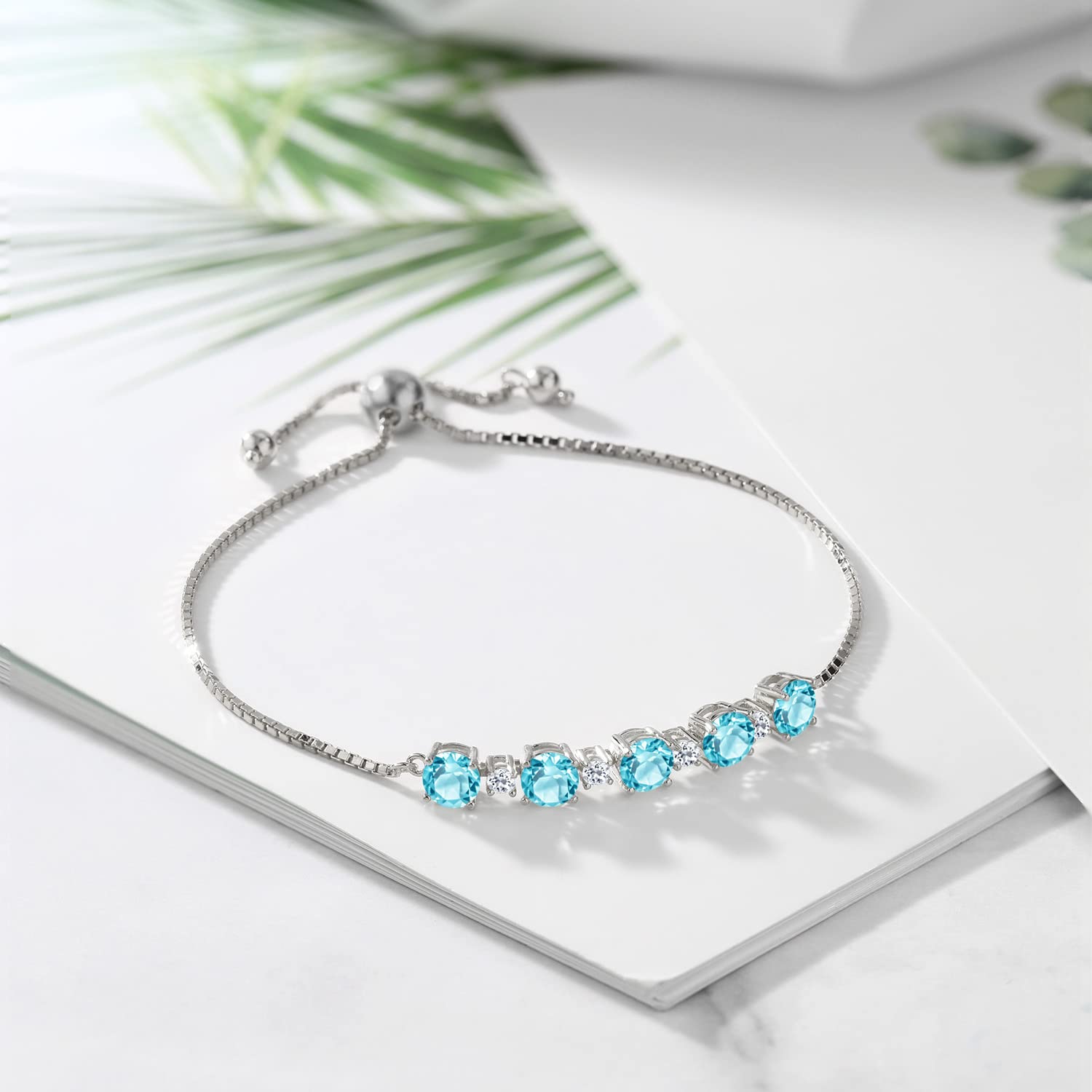 Gem Stone King 925 Sterling Silver Swiss Blue Topaz and White Topaz Tennis Bracelet For Women (3.59 Cttw, Gemstone Birthstone, Round Cut 5MM, Fully Adjustable Up to 9 Inch)