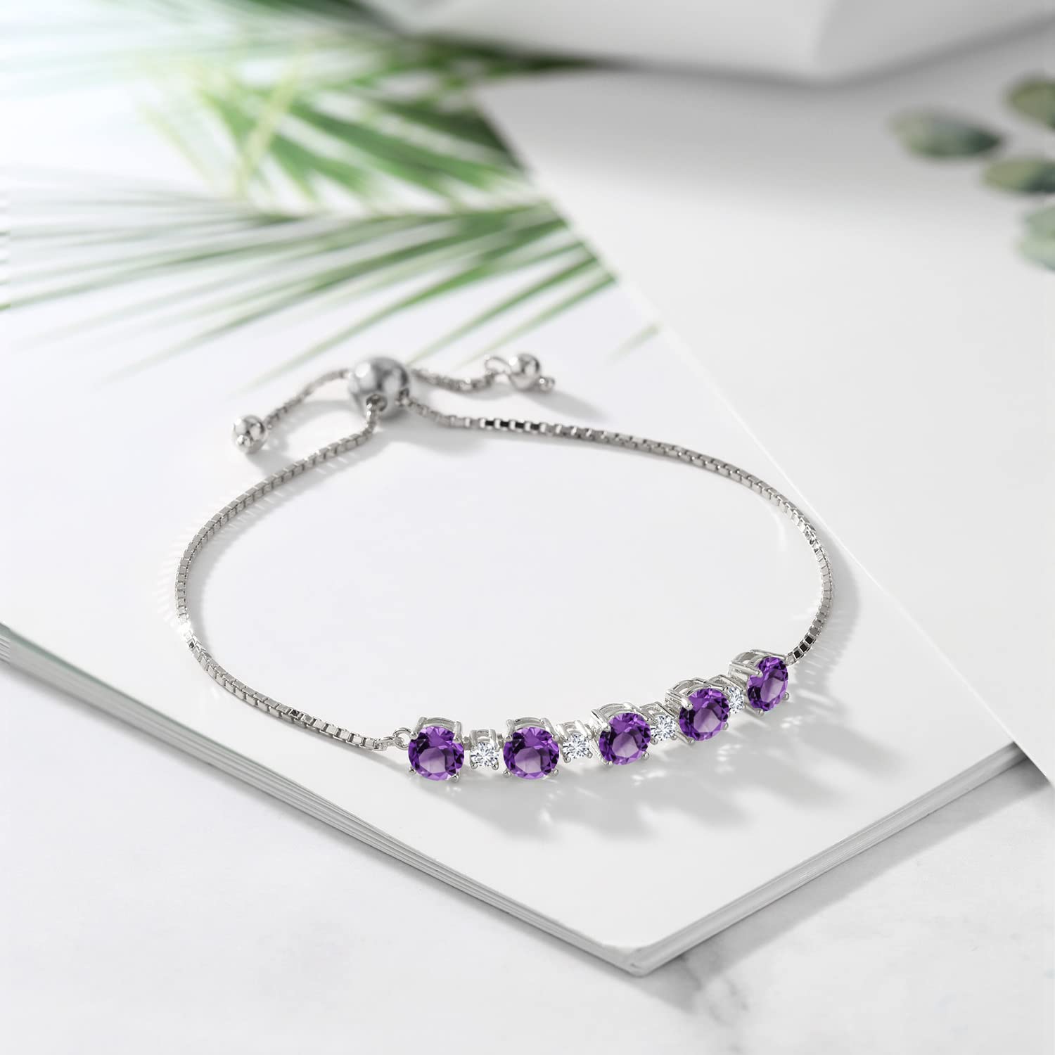 Gem Stone King 925 Sterling Silver Purple Amethyst and White Lab Grown Diamond Tennis Bracelet For Women (2.64 Cttw, Gemstone Birthstone, Fully Adjustable Up to 9 Inch)