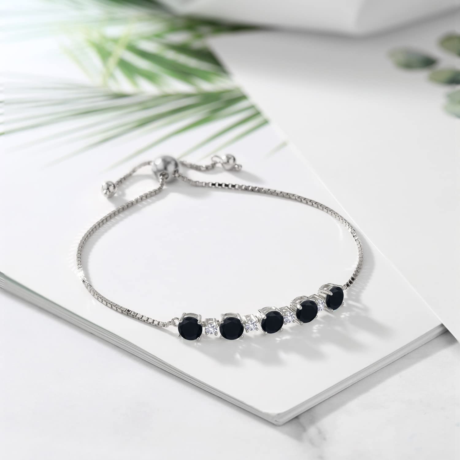 Gem Stone King 925 Sterling Silver Round Black Onyx and White Created Sapphire Tennis Bracelet For Women (2.58 Cttw, Gemstone Birthstone, Fully Adjustable Up to 9 Inch)