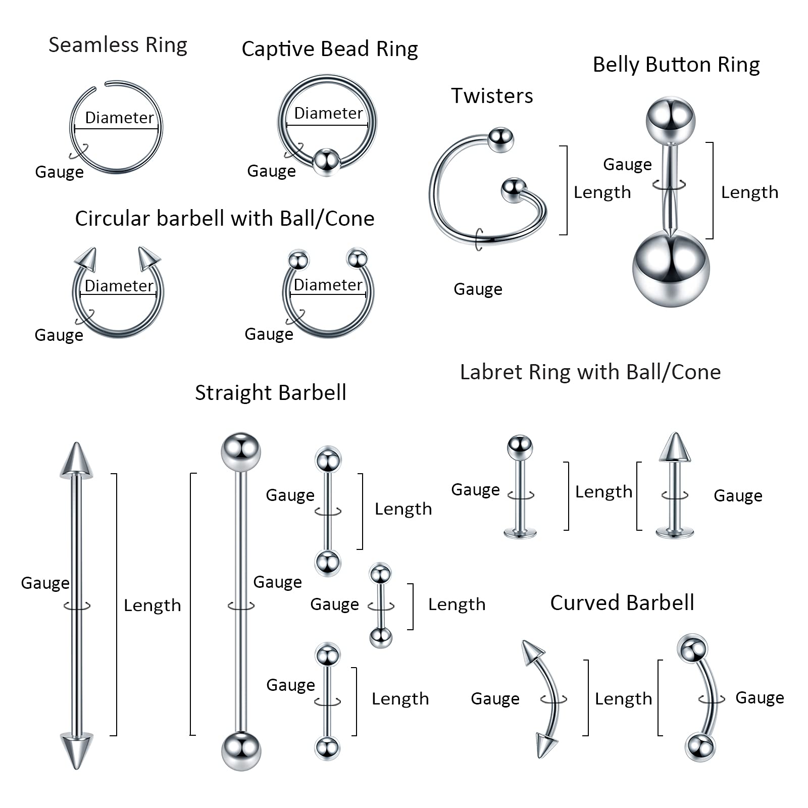 Xpircn 150PCS Mixed Piercing Stainless Steel Nose Horseshoe Lip Tongue Eyebrow Tragus Septum Clicker Body Piercing Navel Belly Ring Nipple Industrial Barbells 14G 16G 20G