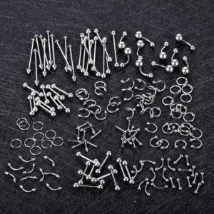 Xpircn 150PCS Mixed Piercing Stainless Steel Nose Horseshoe Lip Tongue Eyebrow Tragus Septum Clicker Body Piercing Navel Belly Ring Nipple Industrial Barbells 14G 16G 20G