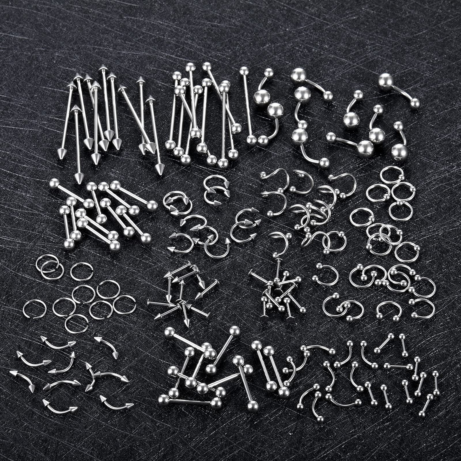 Xpircn 150PCS Mixed Piercing Stainless Steel Nose Horseshoe Lip Tongue Eyebrow Tragus Septum Clicker Body Piercing Navel Belly Ring Nipple Industrial Barbells 14G 16G 20G