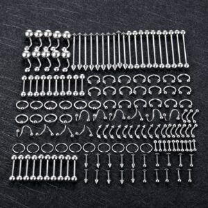 Xpircn 150PCS Mixed Piercing Stainless Steel Nose Horseshoe Lip Tongue Eyebrow Tragus Septum Clicker Body Piercing Navel Belly Ring Nipple Industrial Barbells 14G 16G 20G