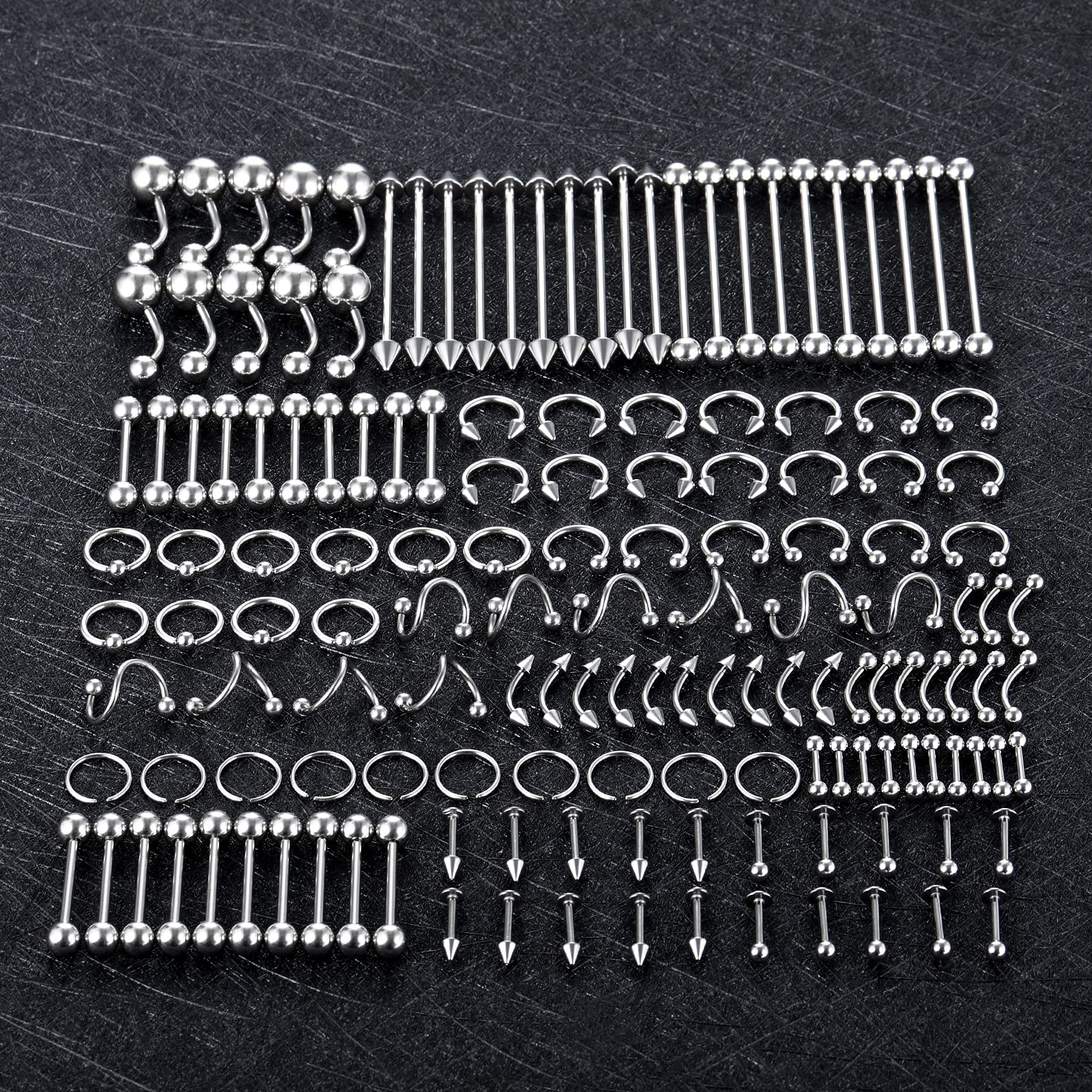 Xpircn 150PCS Mixed Piercing Stainless Steel Nose Horseshoe Lip Tongue Eyebrow Tragus Septum Clicker Body Piercing Navel Belly Ring Nipple Industrial Barbells 14G 16G 20G