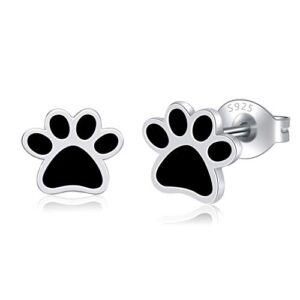 925 sterling silver paw earrings for women - cute tiny jewelry black enamel puppy dog and cat paw print stud earrings for pet lovers