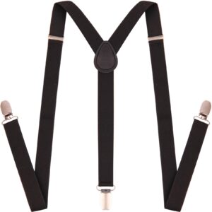 guchol black suspenders for mens with strong metal clips adjustable elastic y style leather heavy pants suspender for wedding&party (black)