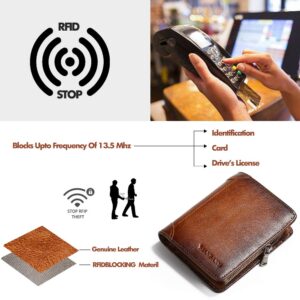 MANBANG Mens Wallet Zipper Genuine Leather RFID Card Holders Cowhide Zip Coin Pocket Bifold wallets for men Brown(anti-theft brush) (Brown)