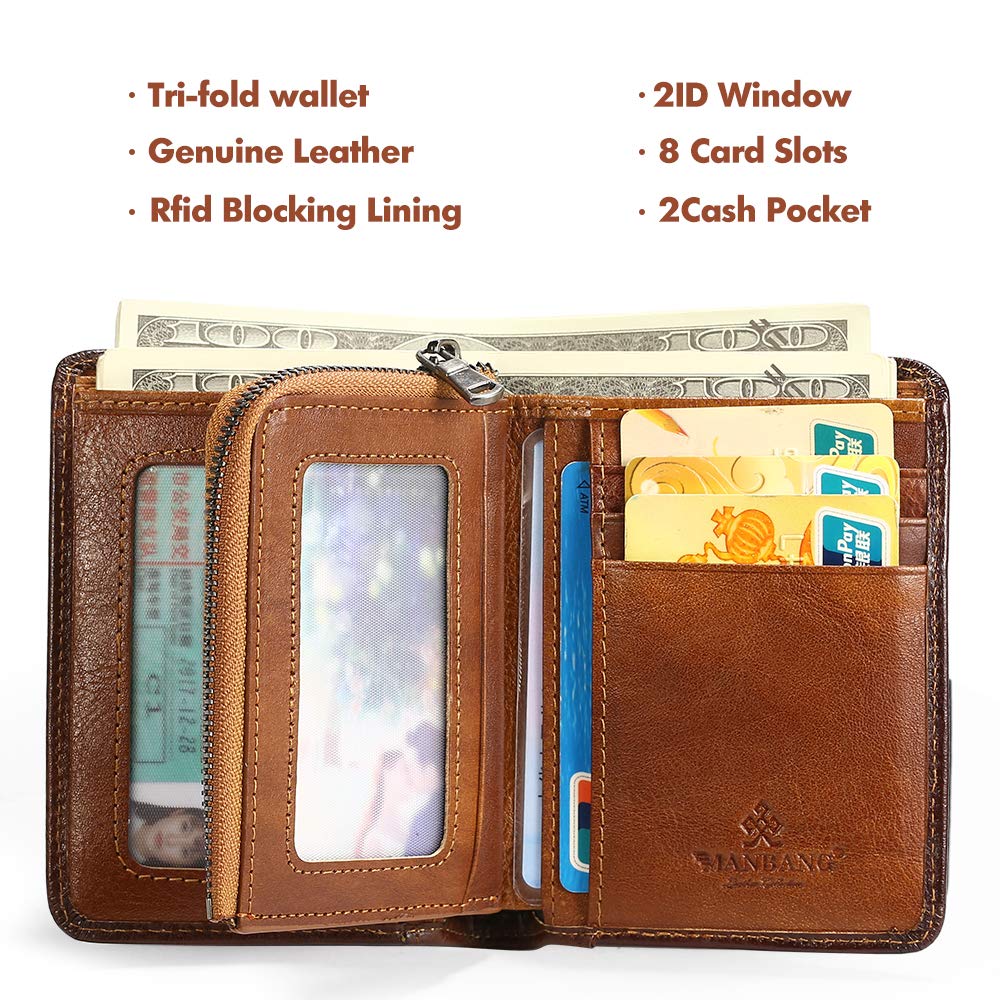 MANBANG Mens Wallet Zipper Genuine Leather RFID Card Holders Cowhide Zip Coin Pocket Bifold wallets for men Brown(anti-theft brush) (Brown)