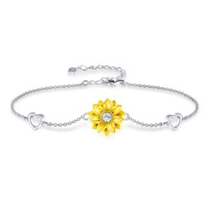 snzm bracelets for women-925 sterling silver sunflower bracelet chain adjustable heart charm link birthday sunflower jewelry gifts for women/daughter/girlfriend