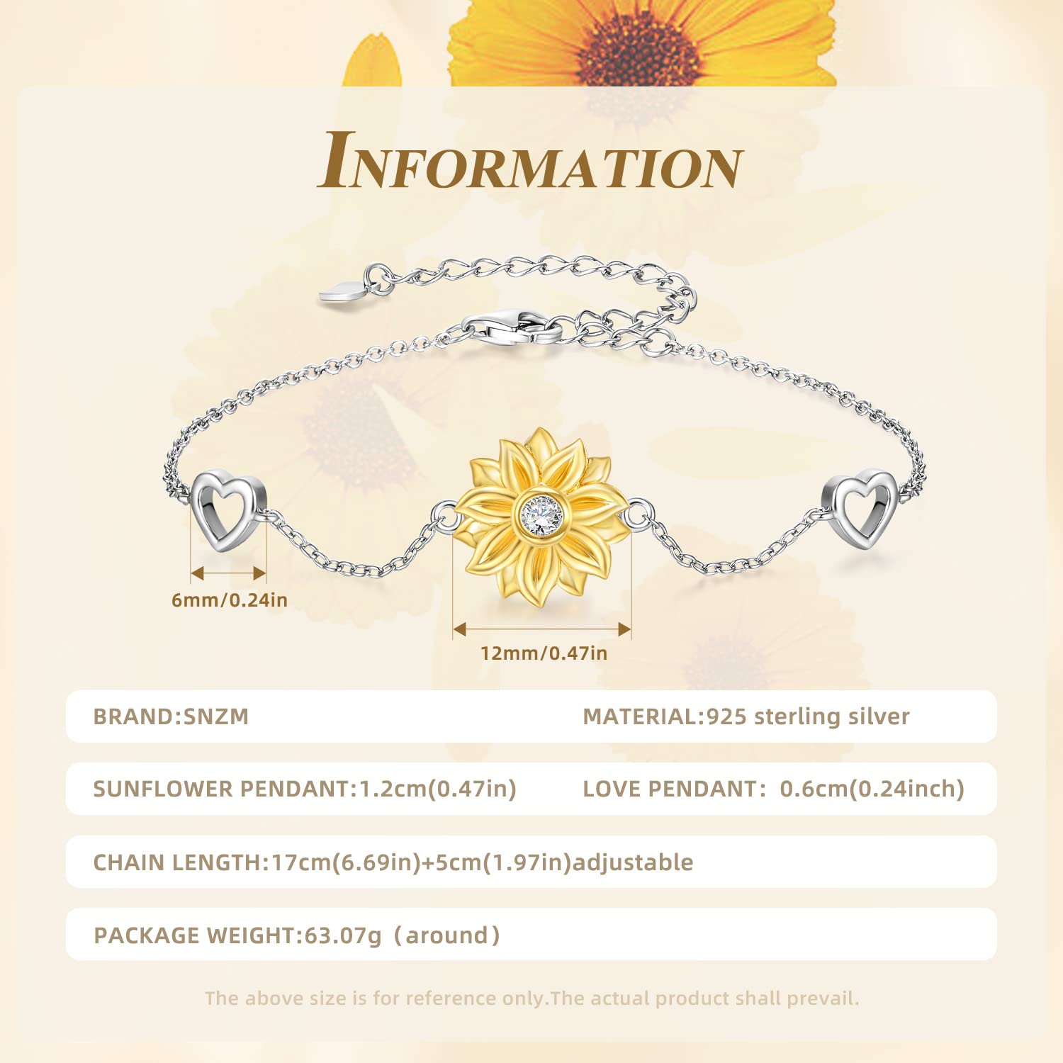 SNZM Bracelets for Women-925 Sterling Silver Sunflower Bracelet Chain Adjustable Heart Charm Link Birthday Sunflower Jewelry Gifts for Women/Daughter/Girlfriend