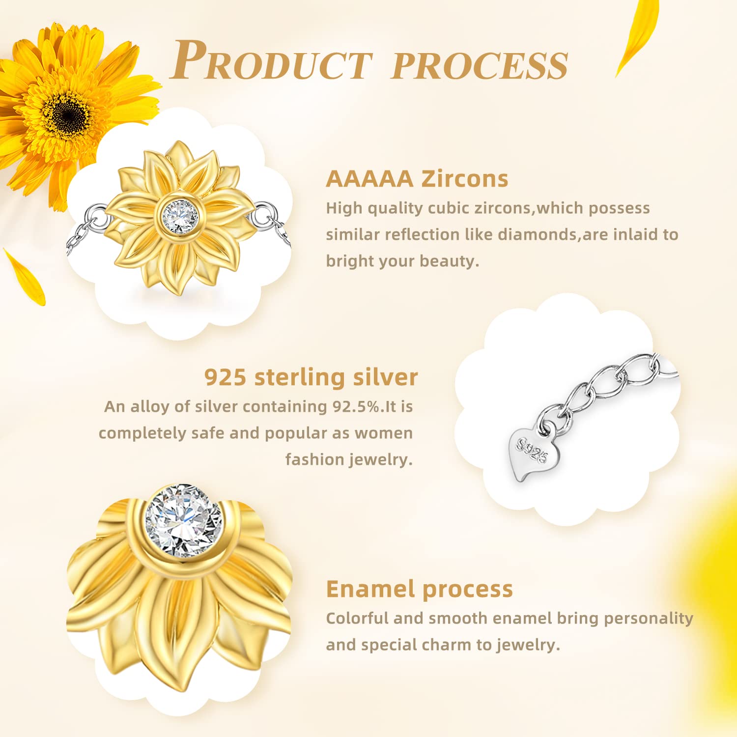 SNZM Bracelets for Women-925 Sterling Silver Sunflower Bracelet Chain Adjustable Heart Charm Link Birthday Sunflower Jewelry Gifts for Women/Daughter/Girlfriend