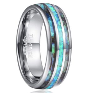 nuncad 8mm tungsten carbide wedding ring polished finish green opal and abalone shell inlay comfort fit sizw 6.5