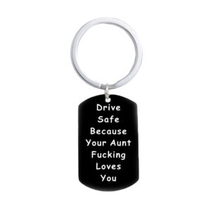 hibetek keychain, stainless steel square pendant 'drive safe because your aunt loves you', nephew niece graduation christmas gifts jewelry (black)