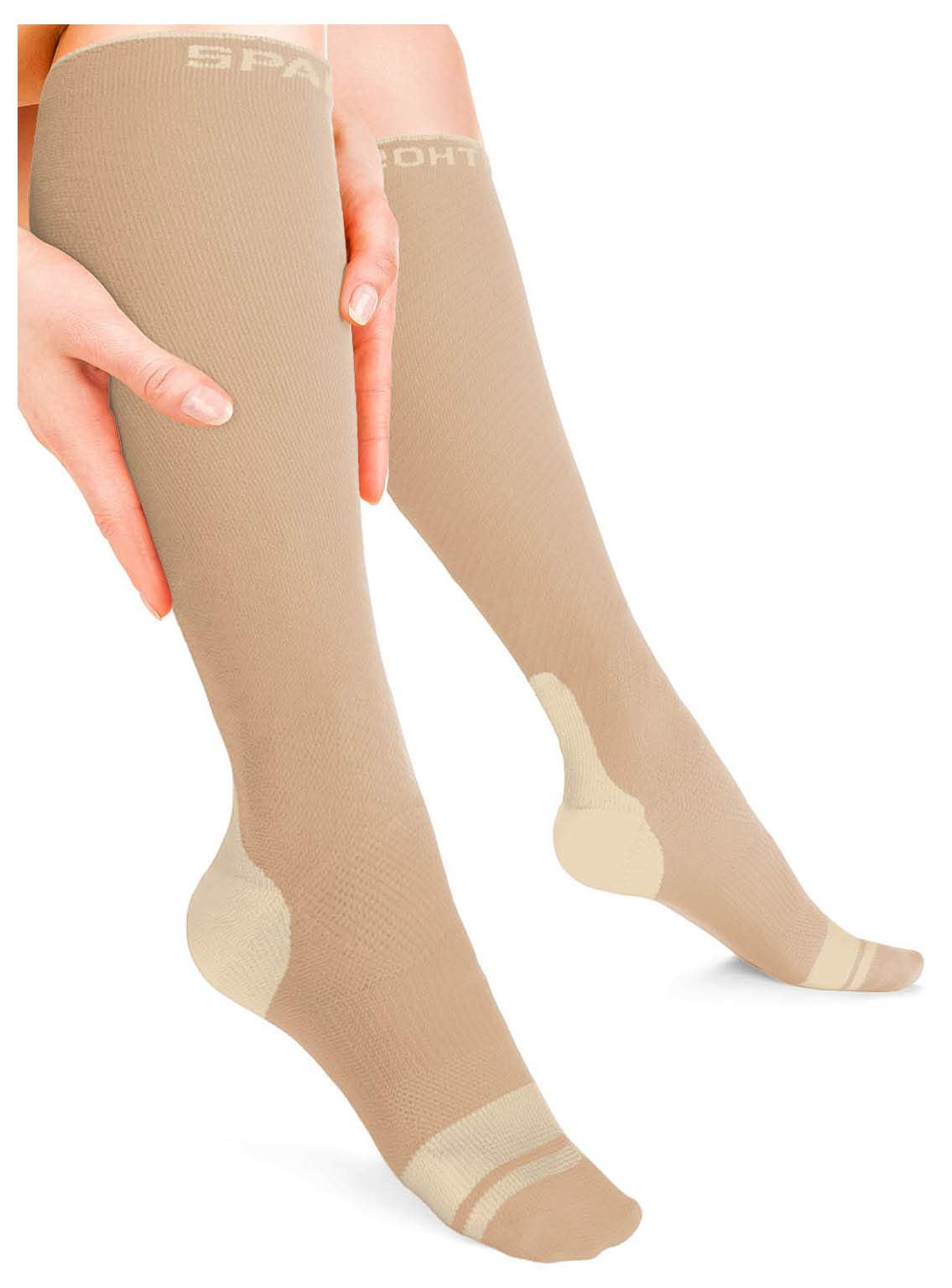 Sparthos Compression Socks (20-30mmHg) - Knee High Sock for Sport, Running, Travel, Medical Support, Pregnancy, Nursing - Calf Long Athletic Compressions Gear Sleeve - for Men and Women (Beige-SM)