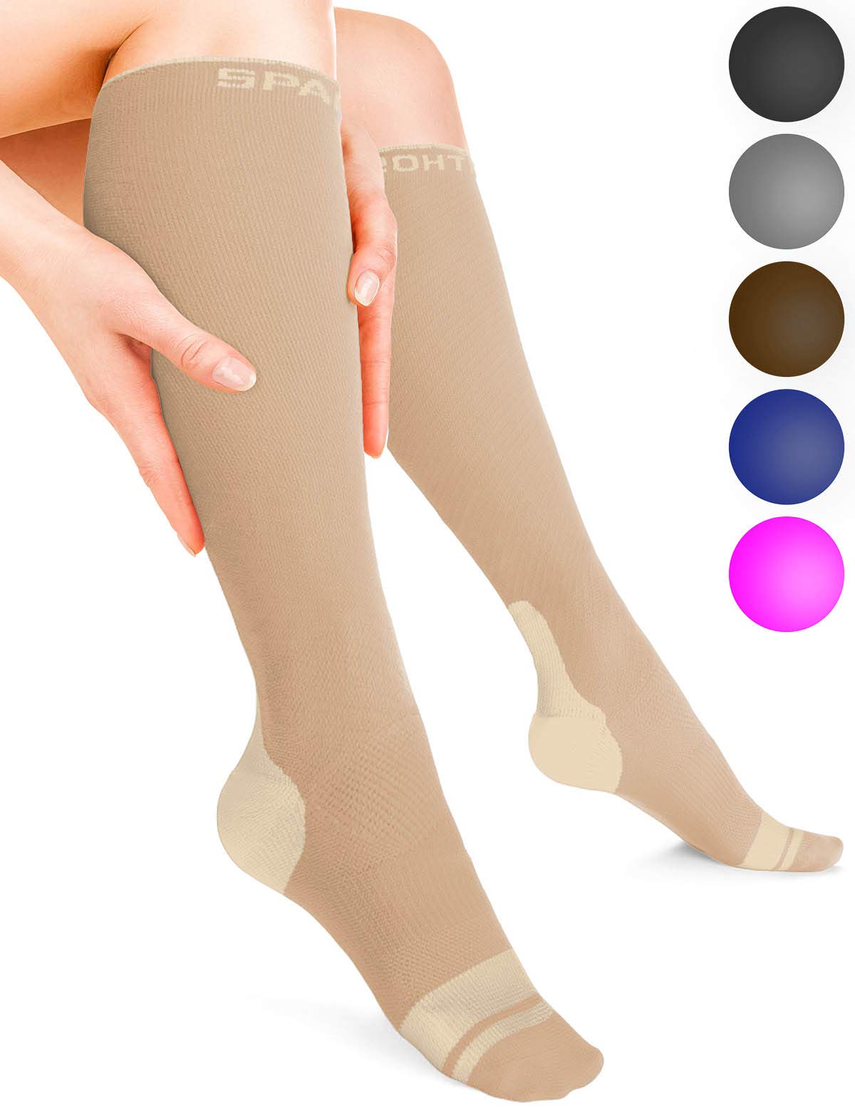 Sparthos Compression Socks (20-30mmHg) - Knee High Sock for Sport, Running, Travel, Medical Support, Pregnancy, Nursing - Calf Long Athletic Compressions Gear Sleeve - for Men and Women (Beige-SM)